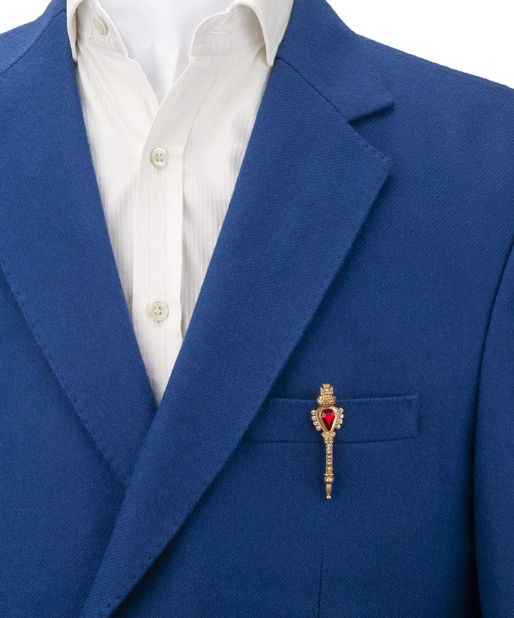 Knighthood Golden Key with Red Stone and Stone Detailing Lapel Pin Brooch