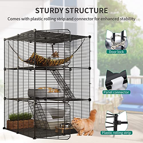 YITAHOME 3-Tiers Cat Cages DIY Catio Indoor Cat Enclosures Metal Cat Playpen with Free Hammock Ideal for 1-2 Cats