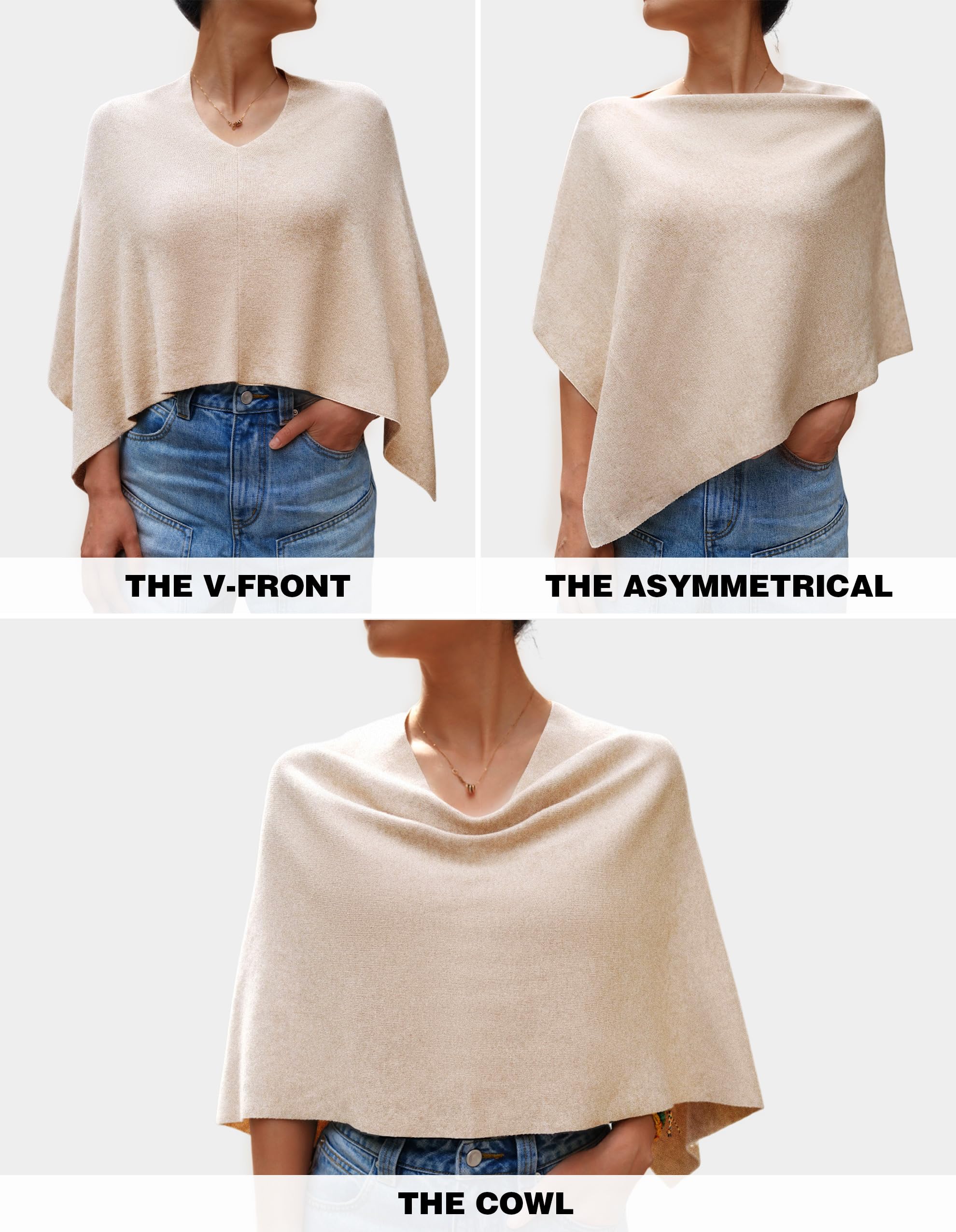 PULI Women Capri Poncho Sweater Cropped Versatile Shawl Soft Knit Shawl Wraps Cowl Neck Ponchos Short Tops Barley Twist