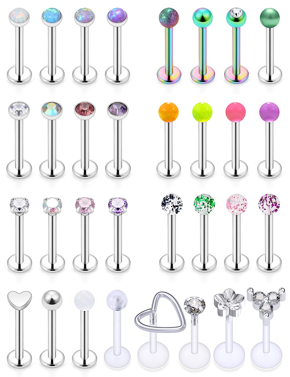 Ocptiy 16G Lip Ring Stud Forward Helix Earring Cartilage Tragus Earrings Stud Stainless Steel Clear Flexible Lip Rings Labret Studs Medusa Monroe Piercing Jewelry for Women Men 3mm