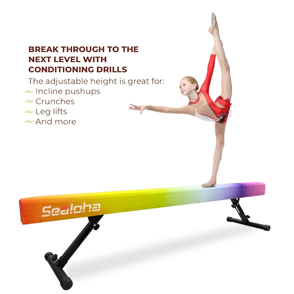 Sealoha 8ft Adjustable&Foldable Balance Beam,High-Low Floor Beam Suede Gymnastics Equipment,No Tool Require,Gymnastics Beam for Training,Physical Therapy and Professional HomeTraining (Rainbow)