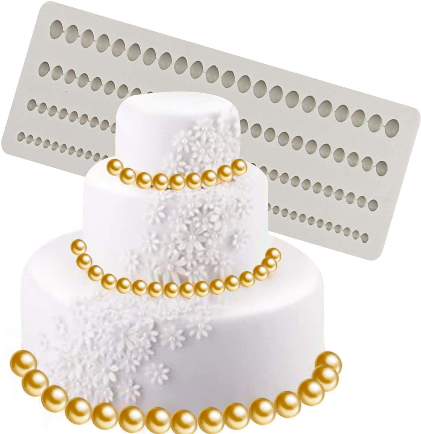 Pearl Fondant Molds Gum Paste Molds 4 Size Round Pearl Chain Silicone Mold for Cupcake Toppers Fondant Candy Chocolate Cake Decoration