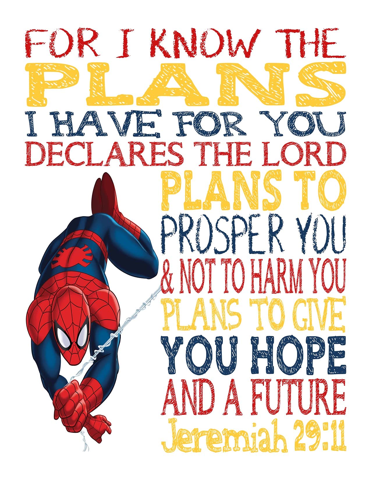 Superhero Christian Nursery Set of 4 Unframed Prints - Captain America, Hulk, Ironman and Spiderman with Bible Verses