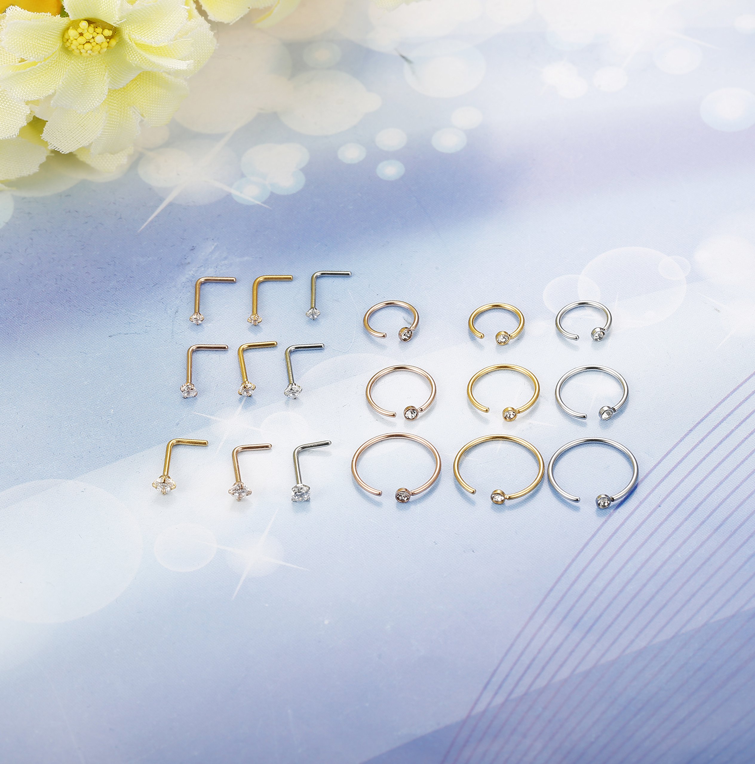 Jstyle 18Pcs Nose Rings Hoop Stainless Steel 20G L Shaped CZ Nose Studs Piercing Ring Hoop Body Jewelry Set