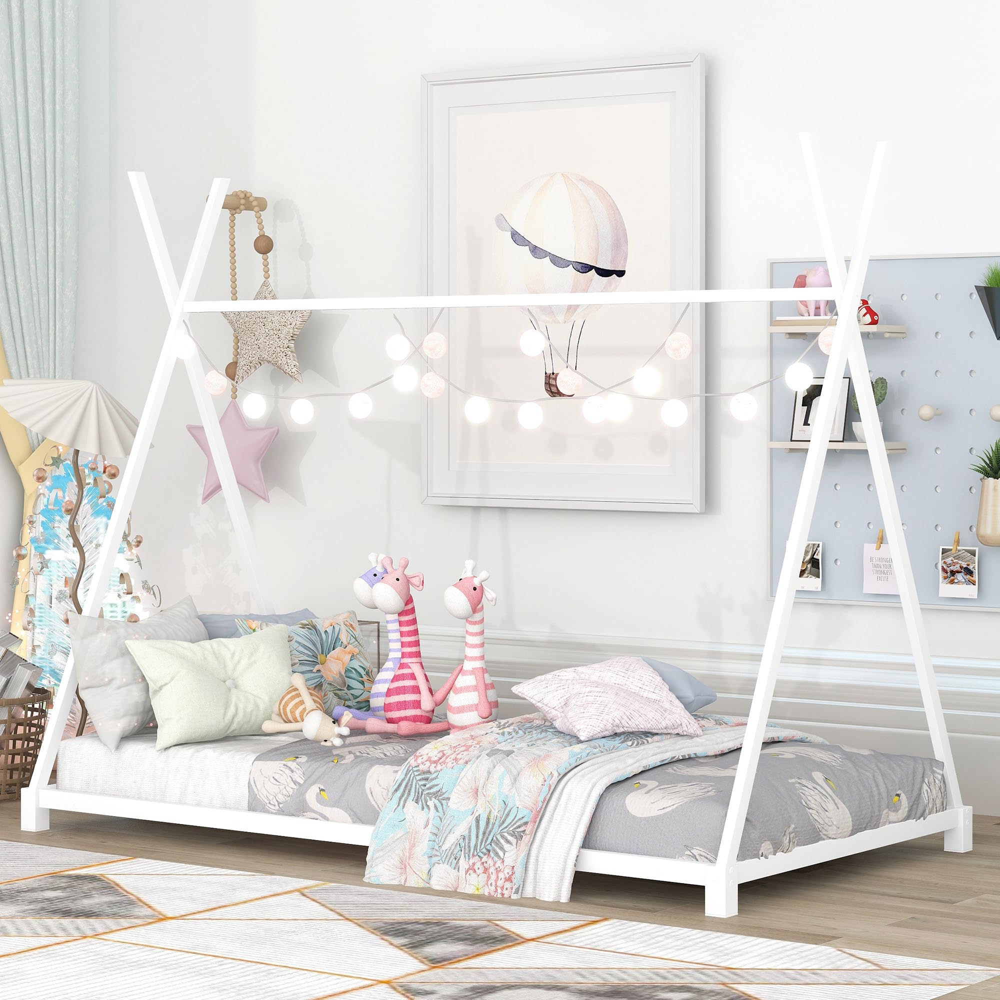 Twin Floor Bed with Slats and Triangle Structure, Montessori Floor Bed Frame Twin Size, Twin Size House Floor Bed/Montessori Bed for Kids, Girls, Boys, White