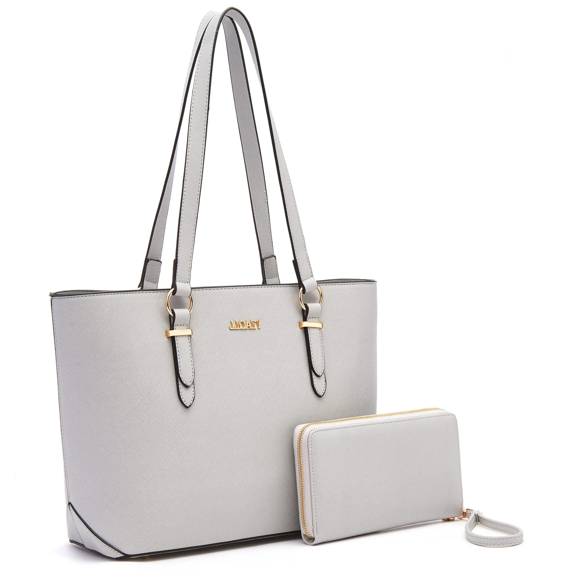 Purses for Women Large Tote Shoulder Satchel Bags Double Handle Handbags and matching Wallet set 2pcs Grey