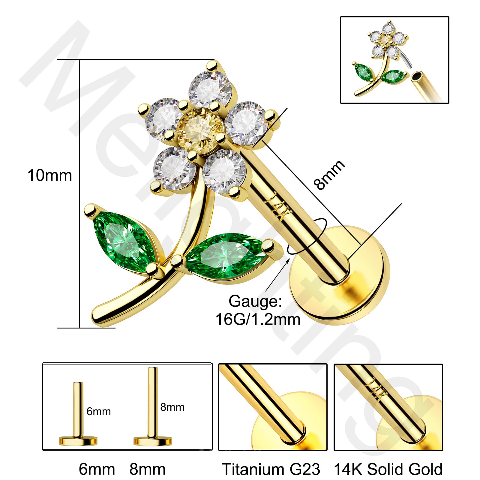 Melighting 14K Solid Gold Threadless Earring Gold Heart Flat Back Earring Titanium Threadless Push in Earring for Women 16G Solid Gold Tragus Piercing Jewelry Gold Helix Earring Cartilage Earring