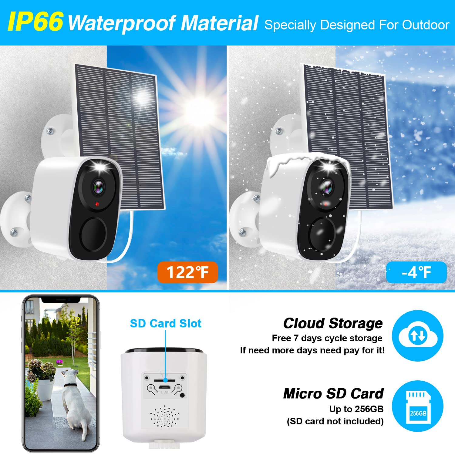 Weochi Security Camera Wireless Outdoor with Solar Panel Cameras for Home Security, 1080P Camera with Color Night Vision, PIR Human Detection, AI Dectection, IP66 Waterproof, SD Card/Cloud Storage