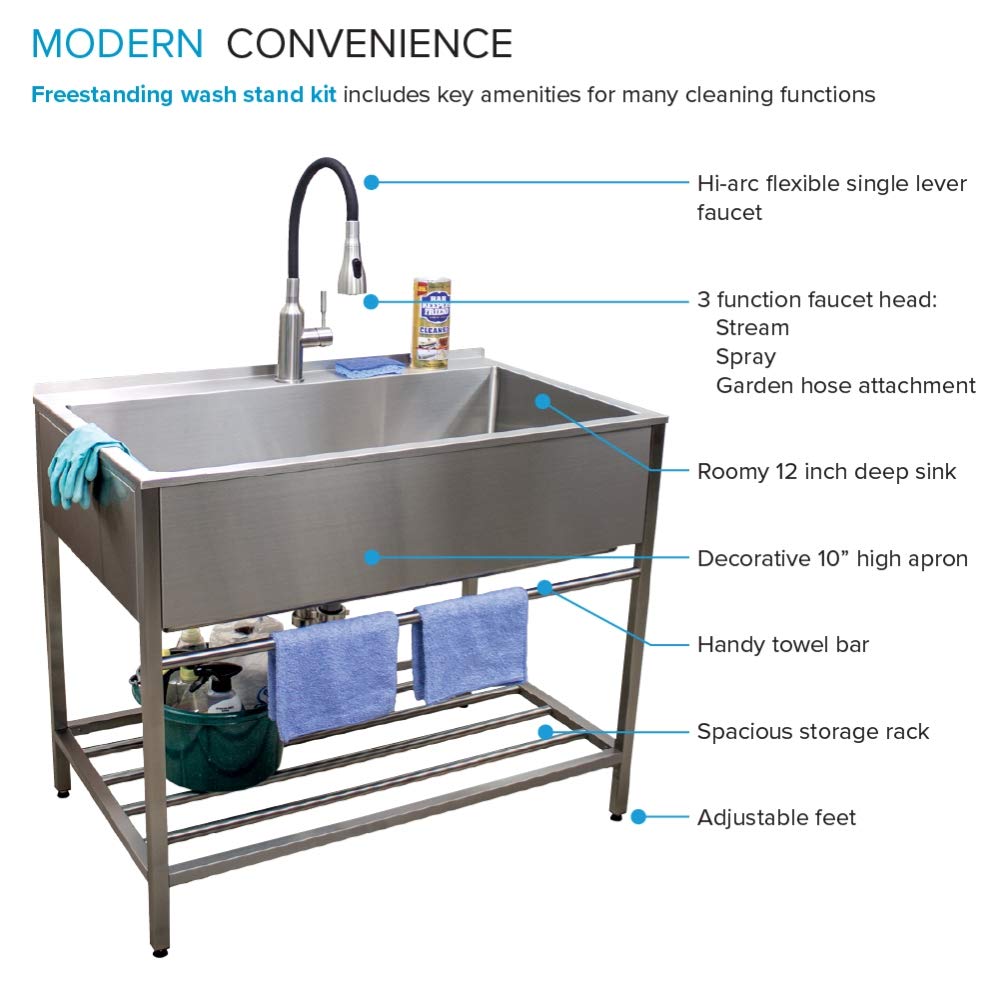 Transolid TFH-3622-SS 36 in. x 22 in. x 34.3 in. Stainless Steel Laundry Sink with Wash Stand in Brushed Satin