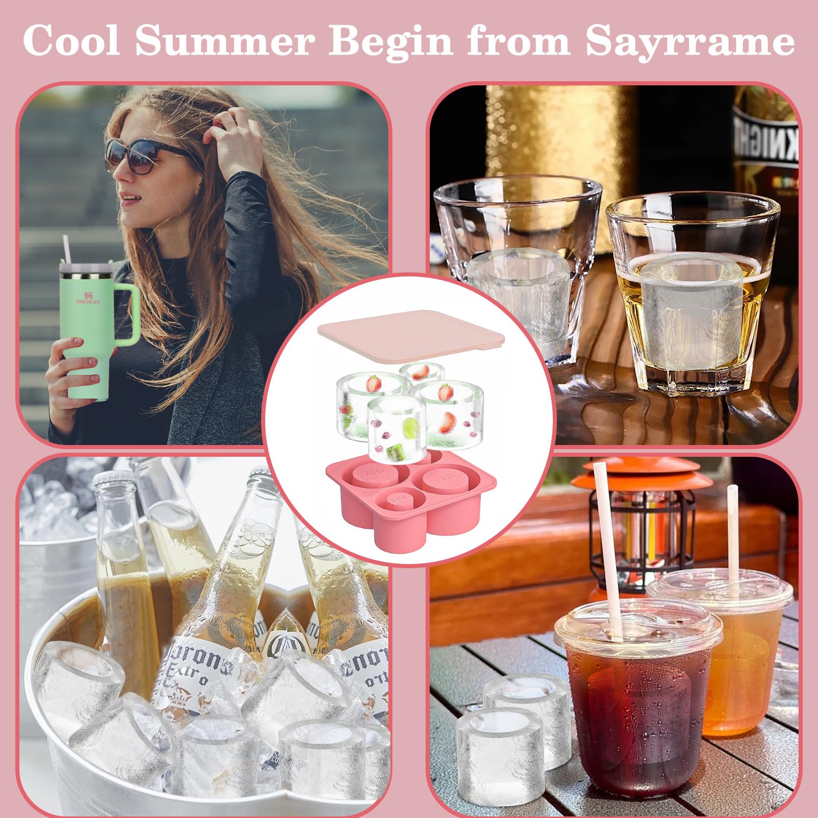 Sayrrame Ice Cube Tray for Stanley Cup, Silicone Ice Mold with Lid for 40oz 30oz 20oz 14oz Tumbler, 4 Pcs Hollow Cylinder Ice Maker for Chilling Cocktails, Whiskey, Drinks Coffee (Pink)