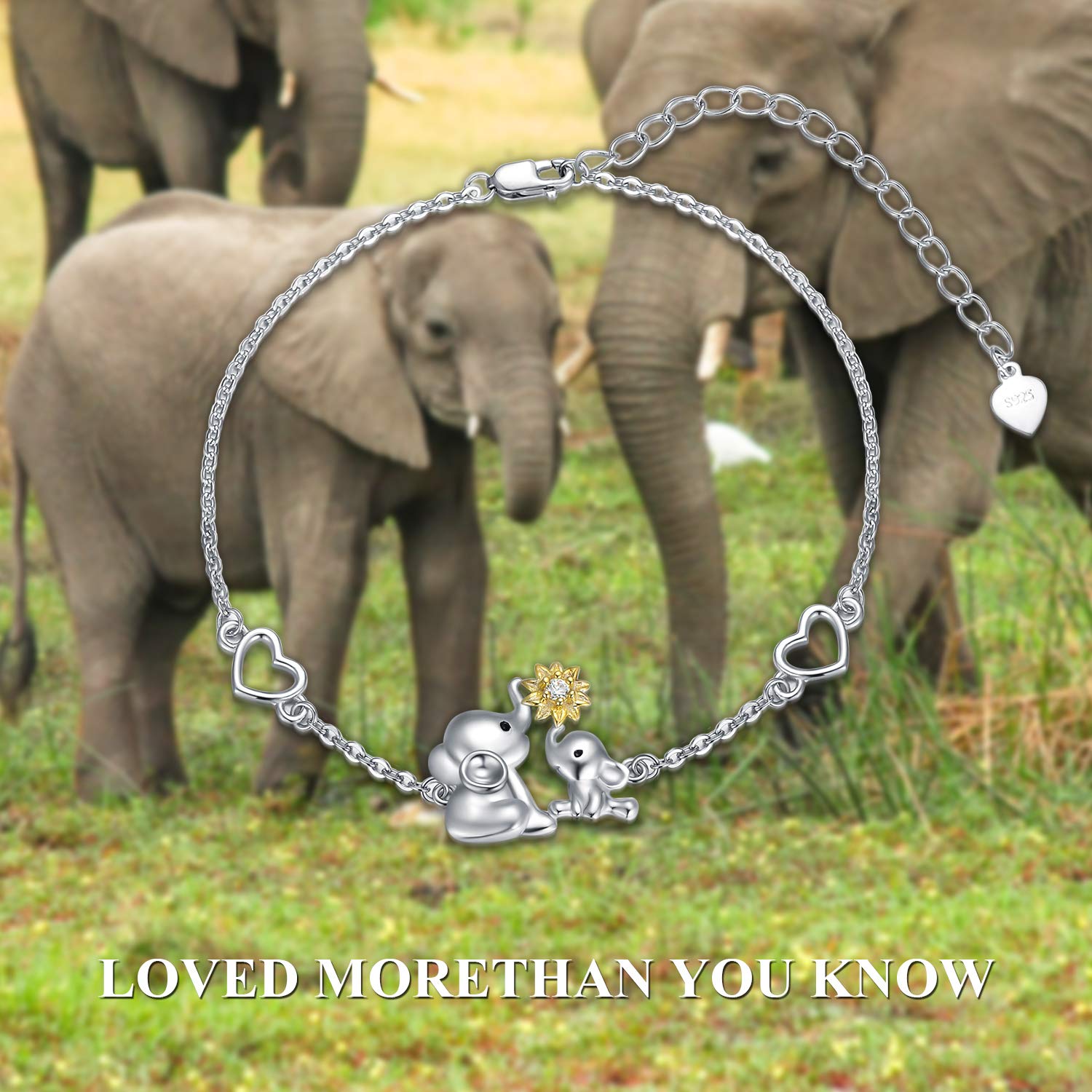 LONAGO Elephant Bracelet 925 Sterling Silver Mother Elephant Bracelet with Sunflower Gift for Mother Women