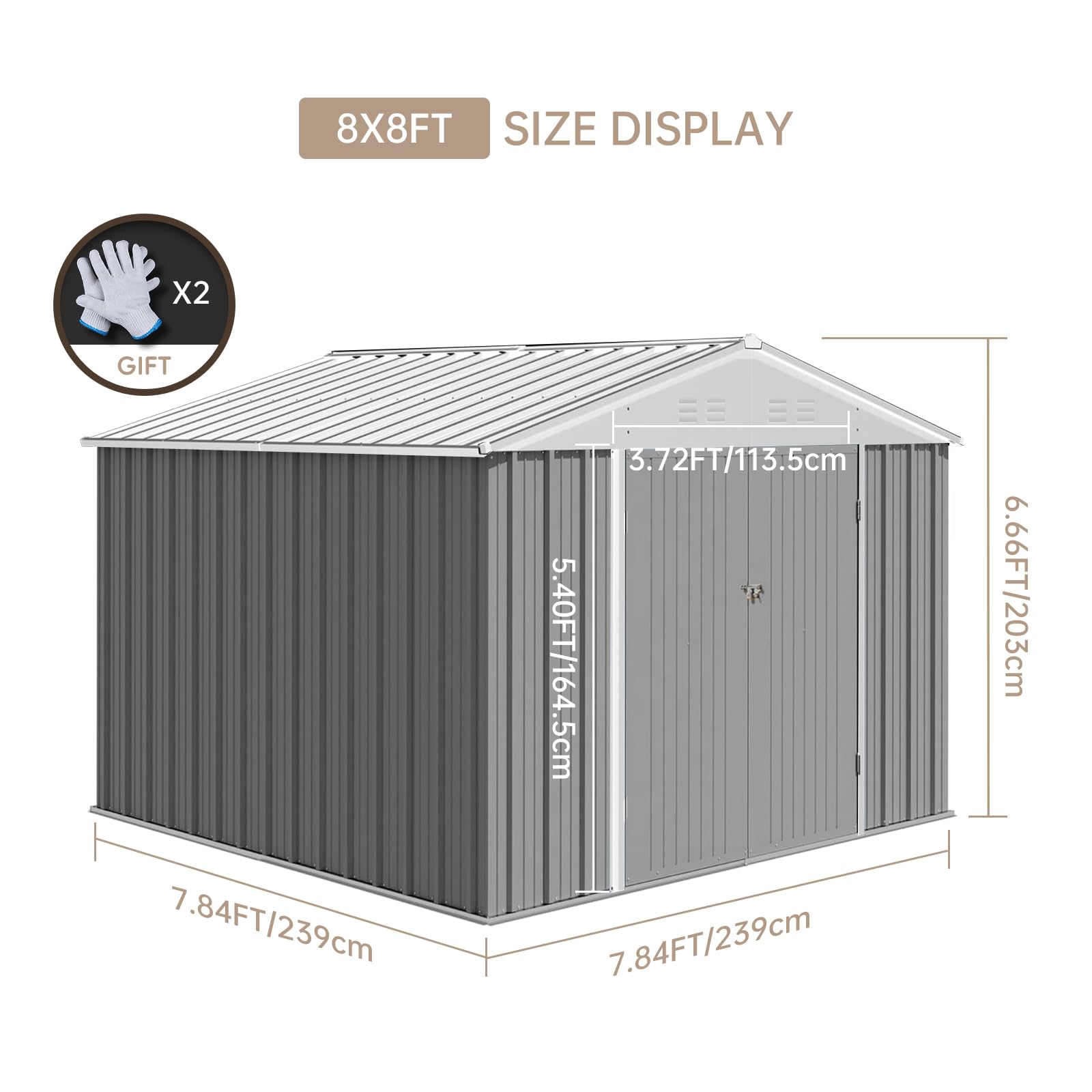 Zstar 7.5 x 8.5 FT Outdoor Storage Shed, Garden Tool Storage Shed with Sloping Roof and Lockable Double Door for Backyard Patio Lawn to Store Bikes, Tools, Lawnmowers, Grey