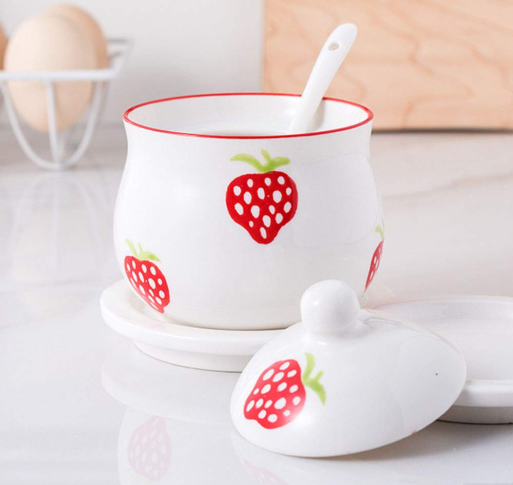 Mathew Hand-painted Strawberry Ceramic Seasoning Jar Condiment Pot Sugar Bowl with Lid and Spoon