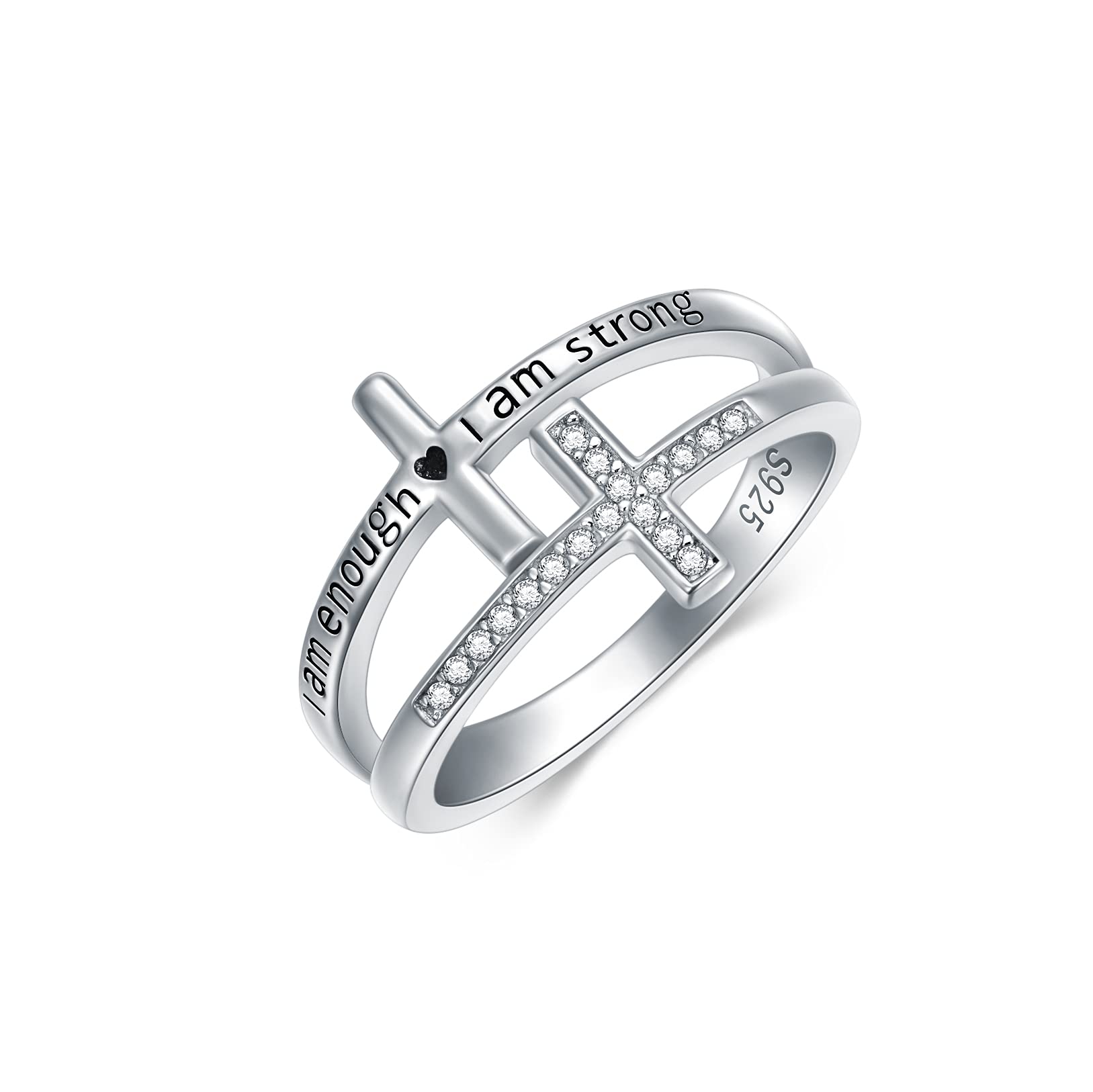 LONAGO 925 Sterling Silver I am Enough Cross Ring I am Strong Ring Inspirational Religious Crucifix Encouragement Statement Jewelry Gift for Women (6)
