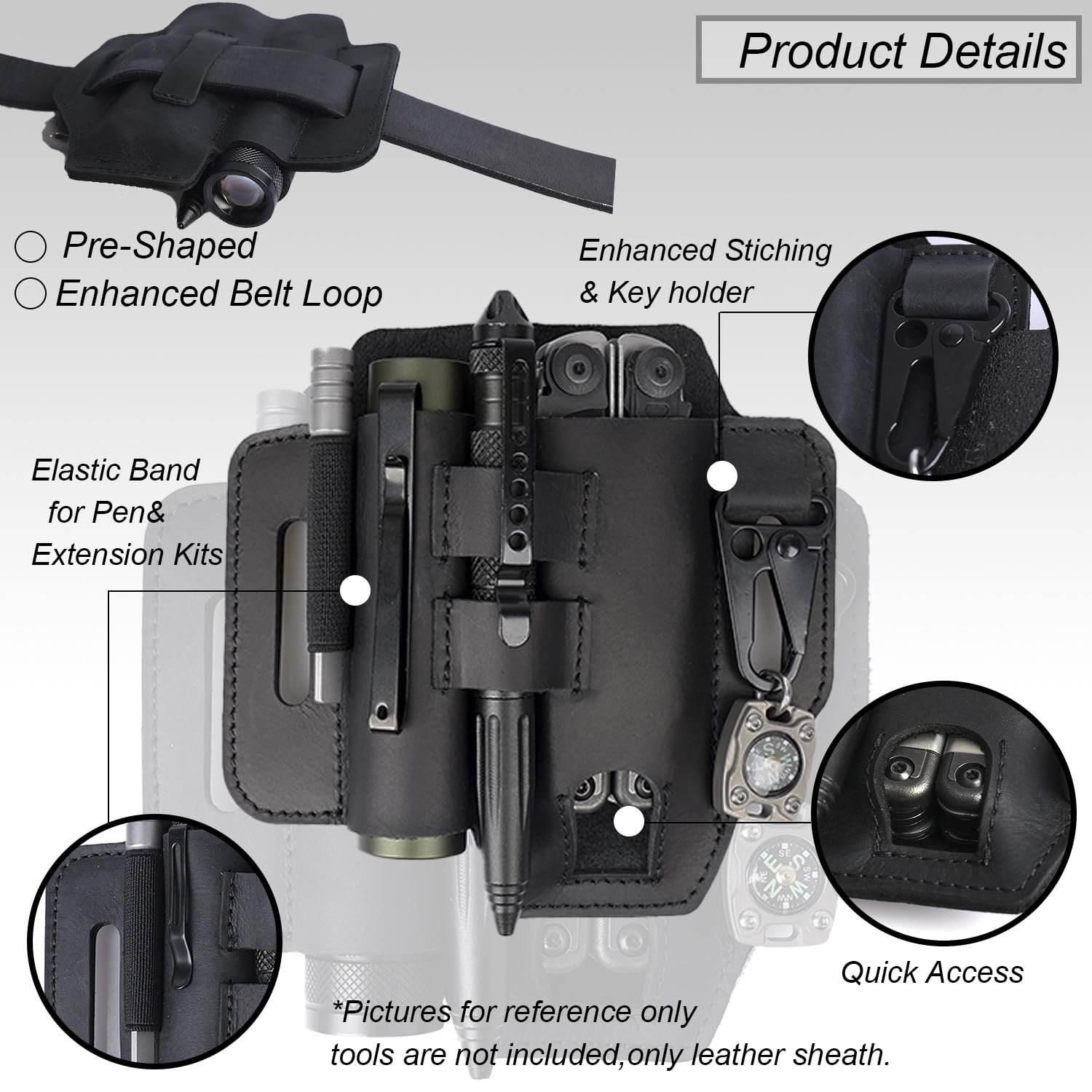 Topstache Multitool Sheath for Belt - EDC Belt Organizer - Leather Multitool Holster with Flashlight Holder, Elastic Band Pen Holder and Keychain Clip - Multitool Holder - Multitool Pouch, Black