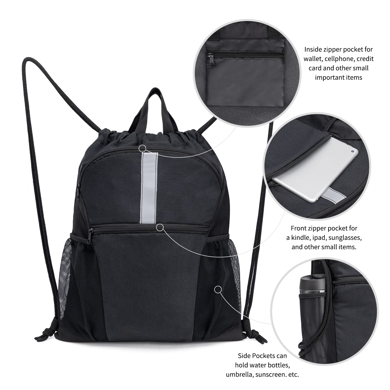 KABAQOO Drawstring Backpack Sports Gym Bag With Shoe Compartment & Mesh Pockets Water Resistant String Bag for Women Men