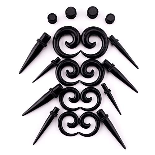 LLGLTEC Ear Stretching Kit 54 Pieces 14G-00G Ear Gauges Expander Set Acrylic Tapers and Plugs & Silicone Tunnels Body Piercing Jewelry Set (Black)