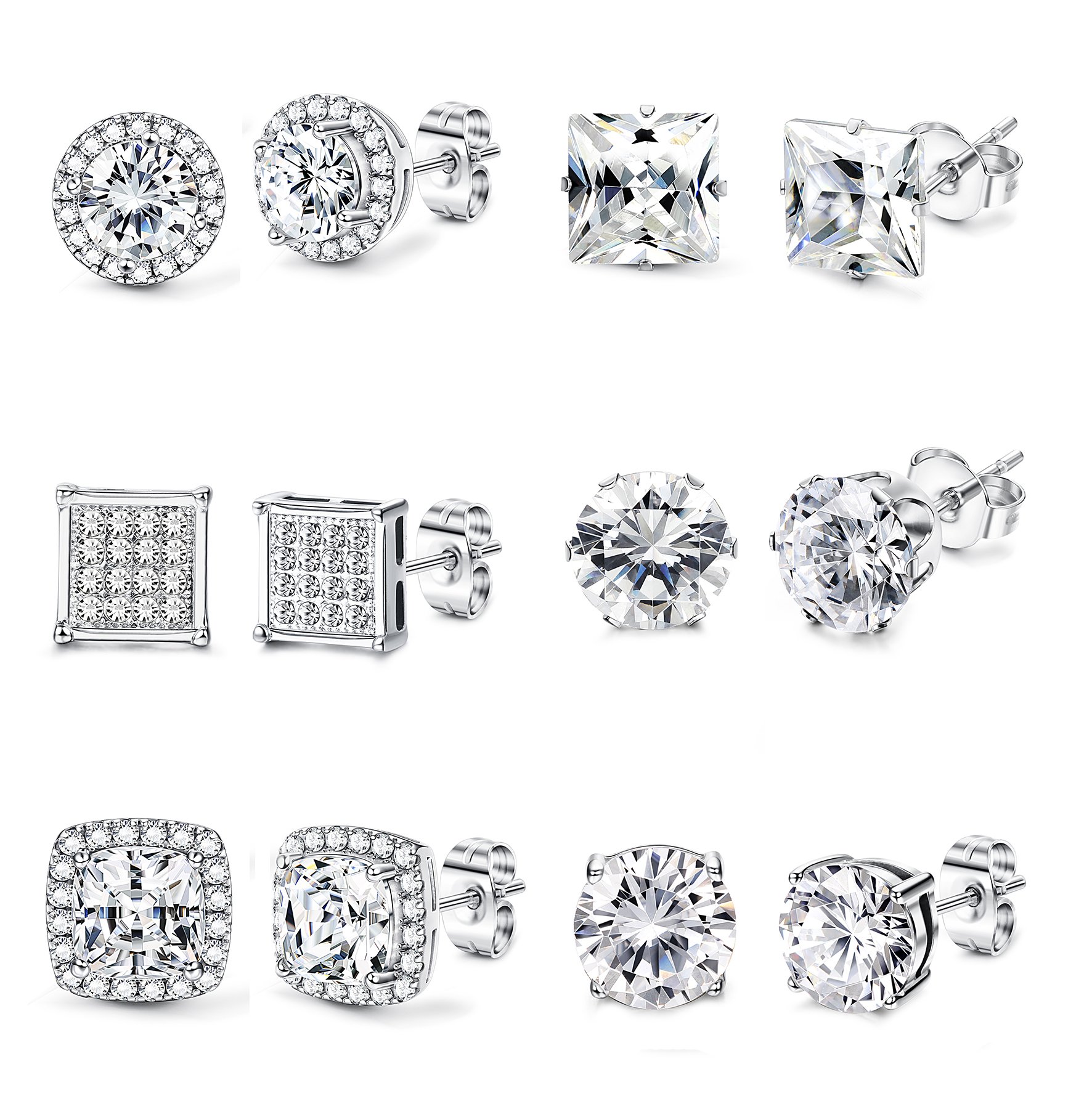 Jstyle Halo Cubic Zirconia Stud Earrings for Women Clear CZ Round Square Stud Earrings Set Ear Jewelry