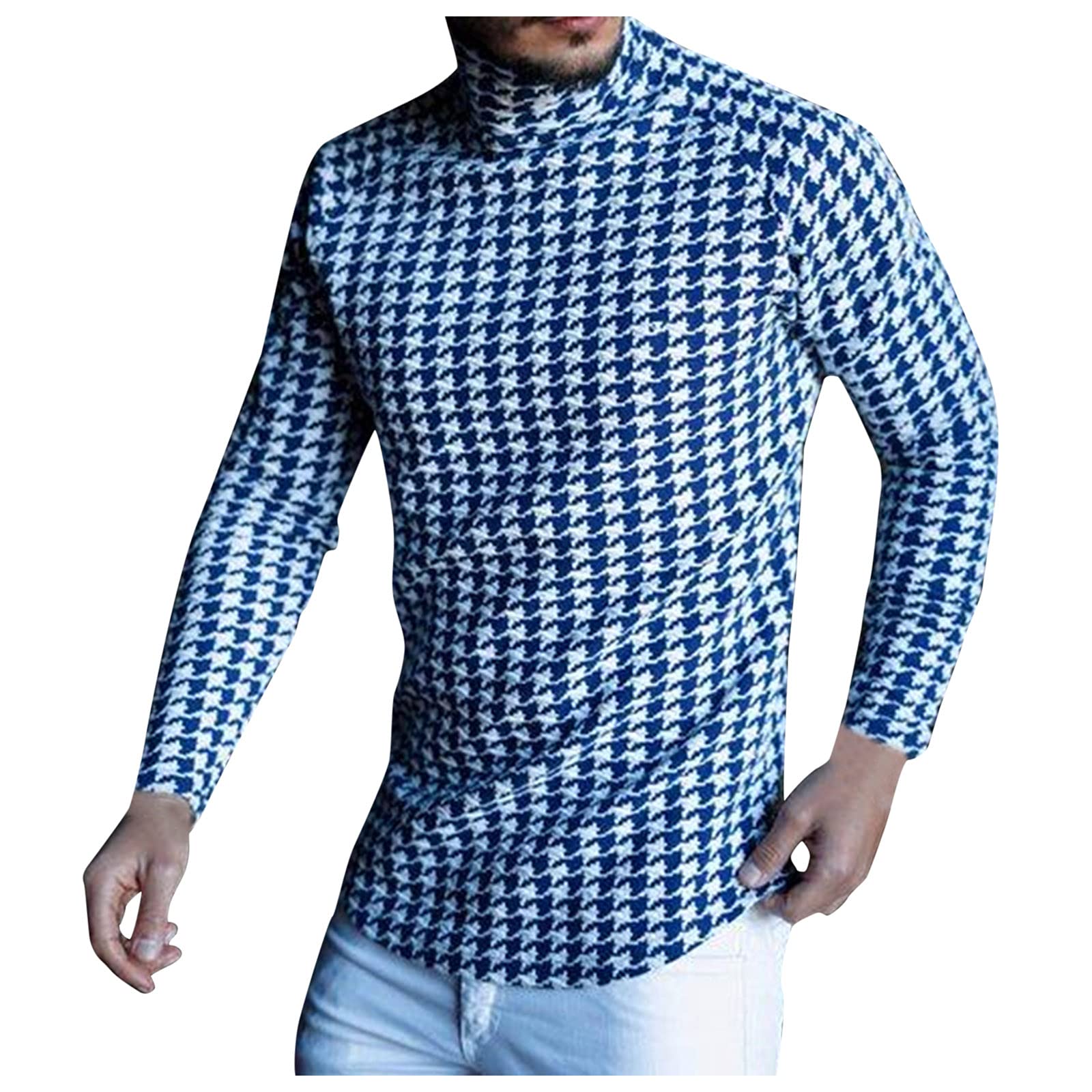 Mens Slim Fit Turtleneck T Shirt Check Houndstooth Lightweight Winter Long Sleeve Warm Underwear Tunic Top(Blue,X-Large)