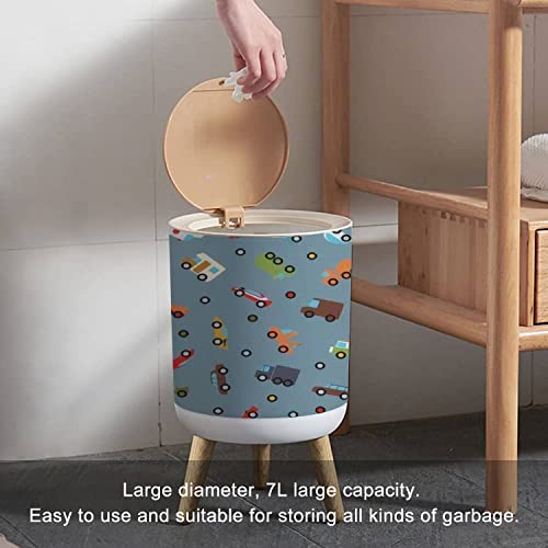 Trash Can with Lid Seamless with Cars and Trucks Simple Illustrations Nursery Room Press Cover Small Garbage Bin Round with Wooden Legs Waste Basket for Bathroom Kitchen Bedroom 7L/1.8 Gallon