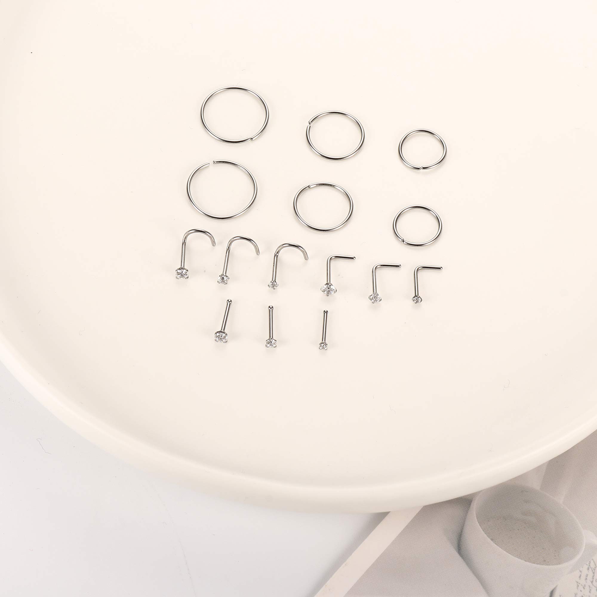 Magitaco 15Pcs 20G Surgical Steel Nose Rings Hoop Nose Ring Studs L Shape Screw Nose Studs Nose Piercing Nose Pins Nose Rings for Women Men