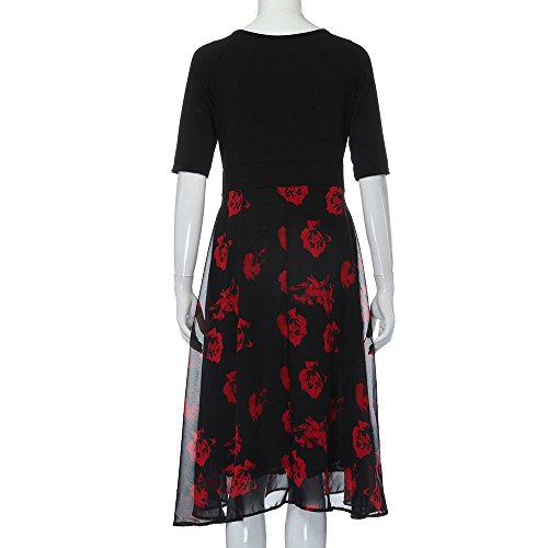 Pinkpaopao Deep V-Neck Plus Size Dress for Women Patchwork Half Sleeve Flower Mesh Swing Dress Red