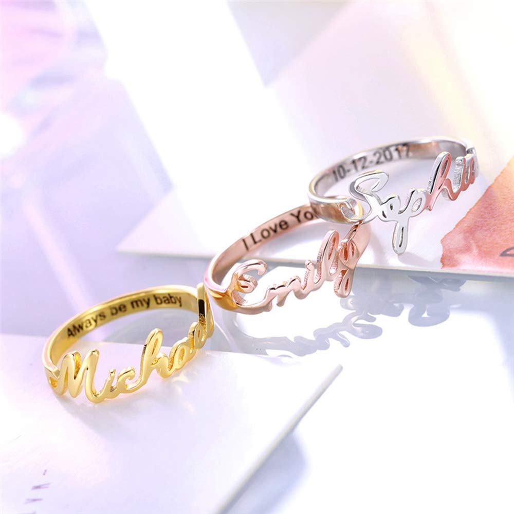 LONAGO Personalized Name Ring Custom Name Plate Stacking Ring Engrave Word Name Initial Ring for Women (Sterling Silver,Yellow Gold Color)