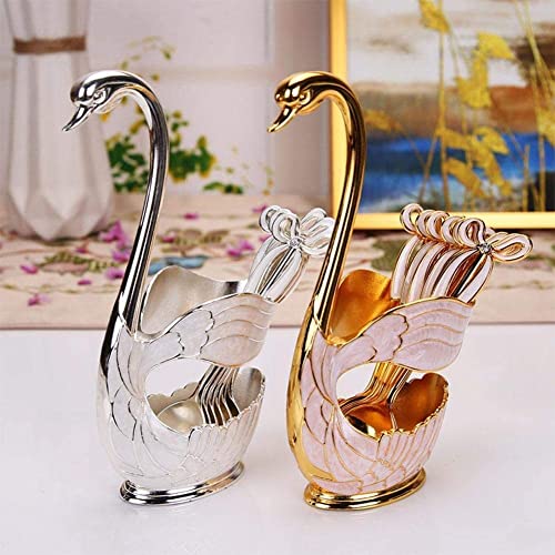 Metal Coffee Dessert Dinner Spoon Set, Teaspoon Fruit Dessert Flatware Swan Base Holder Metal Coffee Spoon Organizer with 6pcs Coffee Dessert Sugar Ice Cream Spoons (Gold)