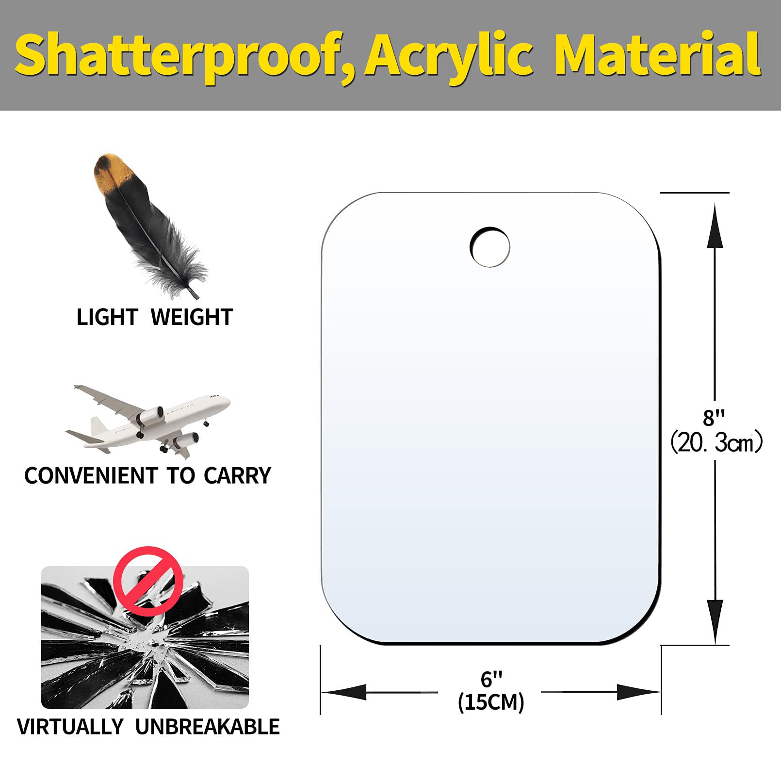 SHATTER MIRROS 2 Pack Shower Mirror Fogless Shaving, 8''x6''Medium Wall Camping, Frameless Portable Hanging Travel Mirrors, Handheld Locker, Makeup Plastic, Anti Fog Free Shave, Bathroom, Silver