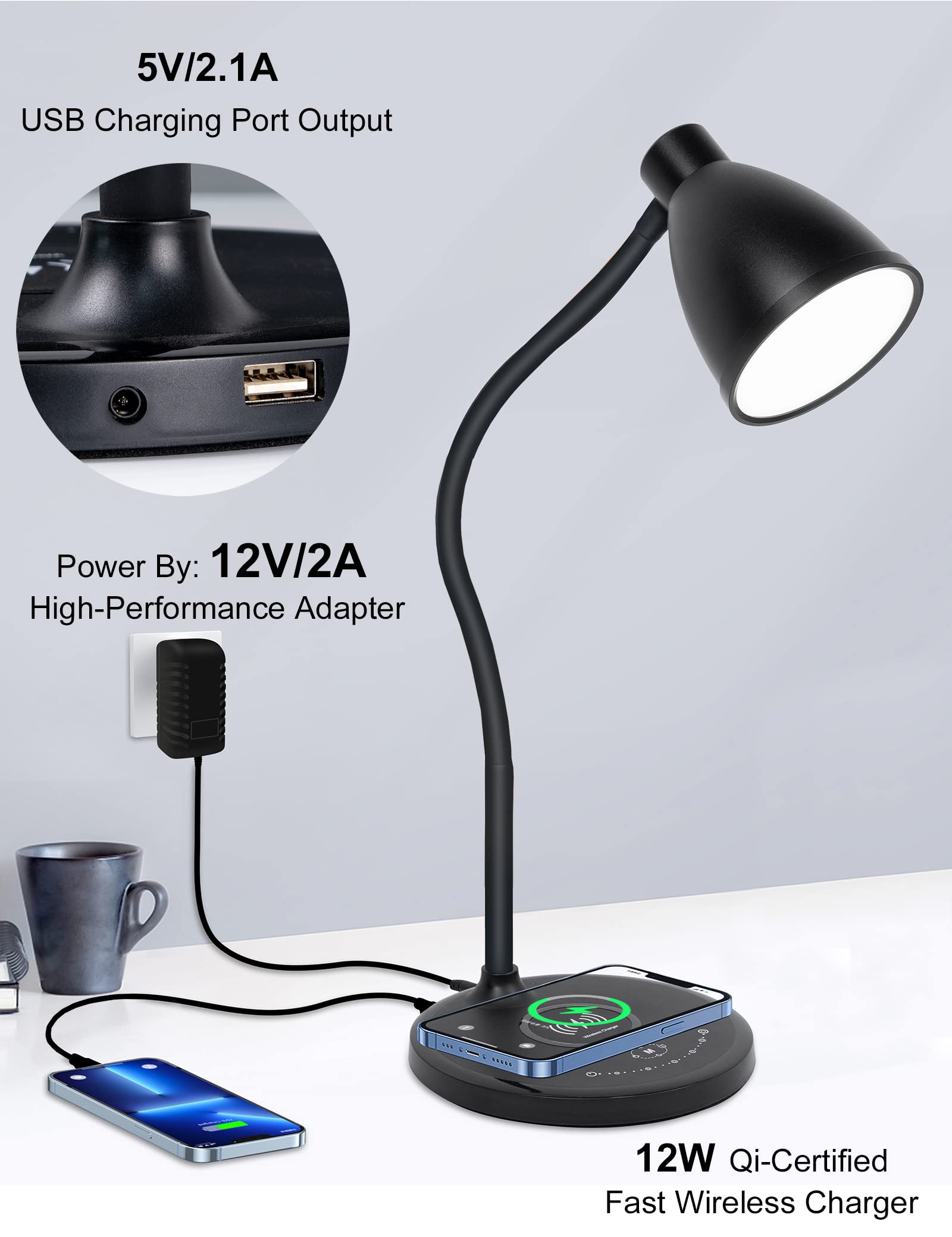 Libreath Desk Lamp with USB Charging Port Table Lamp Wireless Charger Dimmable Dorm Lamp 5 Colors 7 Brightness Levels Touch Bedside Table Lamps Gooseneck Reading Light for Home Office