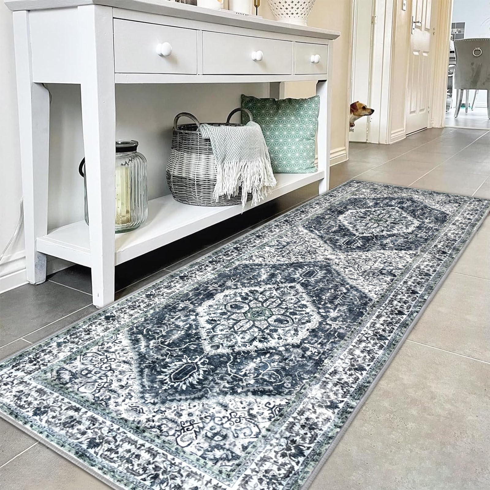 KOZYFLY Runners for Hallways 2x6 Ft Washable Kitchen Runner Rug Boho Runner Rug for Entryway Indoor Grey Oriental Faux Wool Bathroom Runner Rug Floor Carpet Runner for Bedroom Kitchen Hall