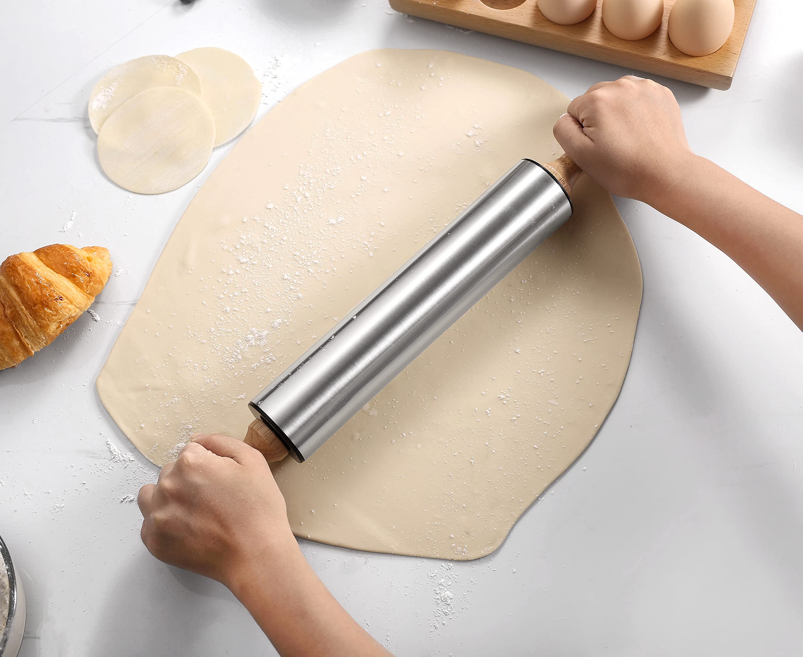 Rolling Pin with Wooden handle,9.6inch Stainless Steel Roller, rolling pins for baking,Which can be used to make Pizza, Pie Crust, Cookies, Pastry,sugar,Pasta and other dough.By Amber&Sean