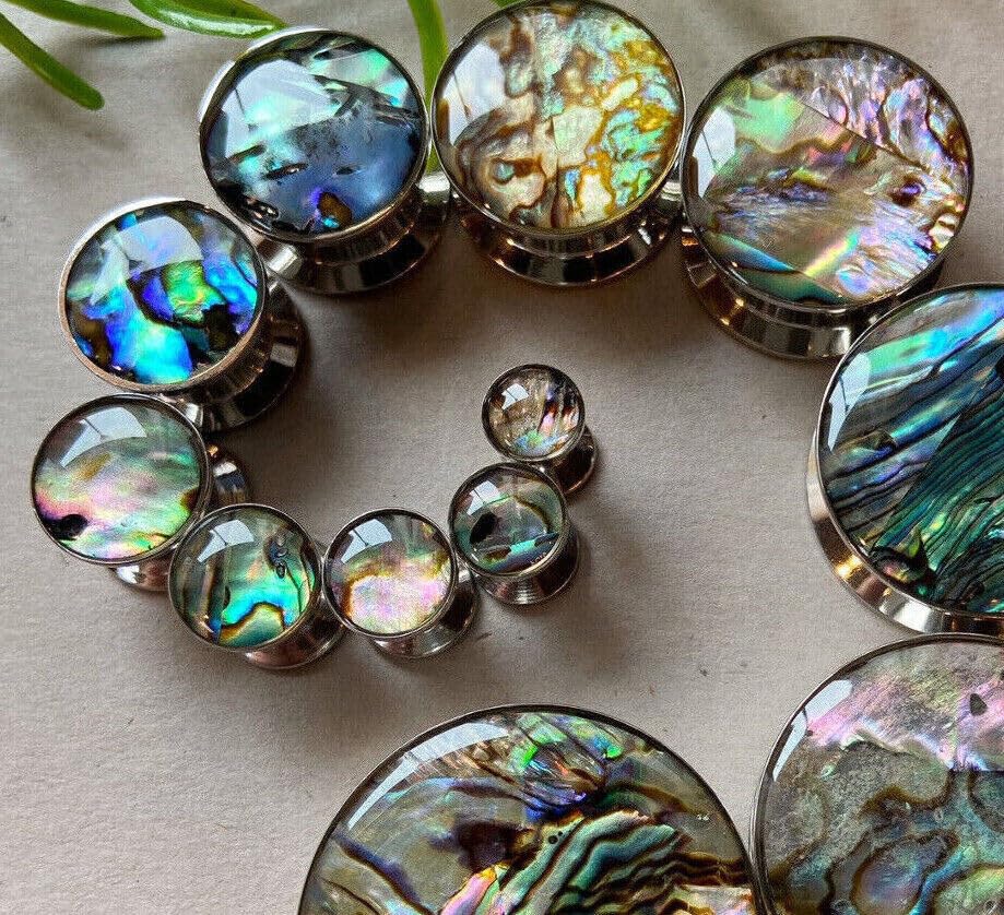Lobal Domination PAIR Abalone Inlay Steel Screw Fit Plugs Tunnels Earlets Gauges Pierced Body Jewelry (6g (4mm))