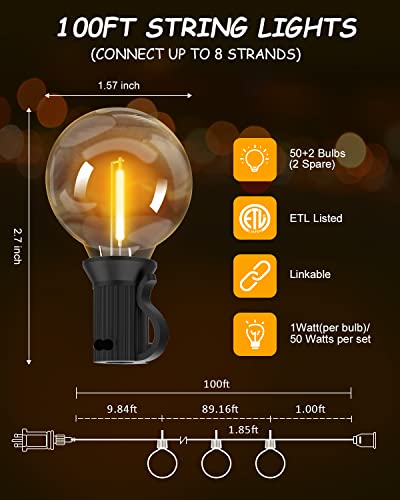 Svater Outdoor String Lights 100ft, Patio Lights Outside with 52 Shatterproof LED Edison G40 Bulbs, Waterproof Hanging Globe Lighting for Bistro Backyard Cafe Market, Warm White
