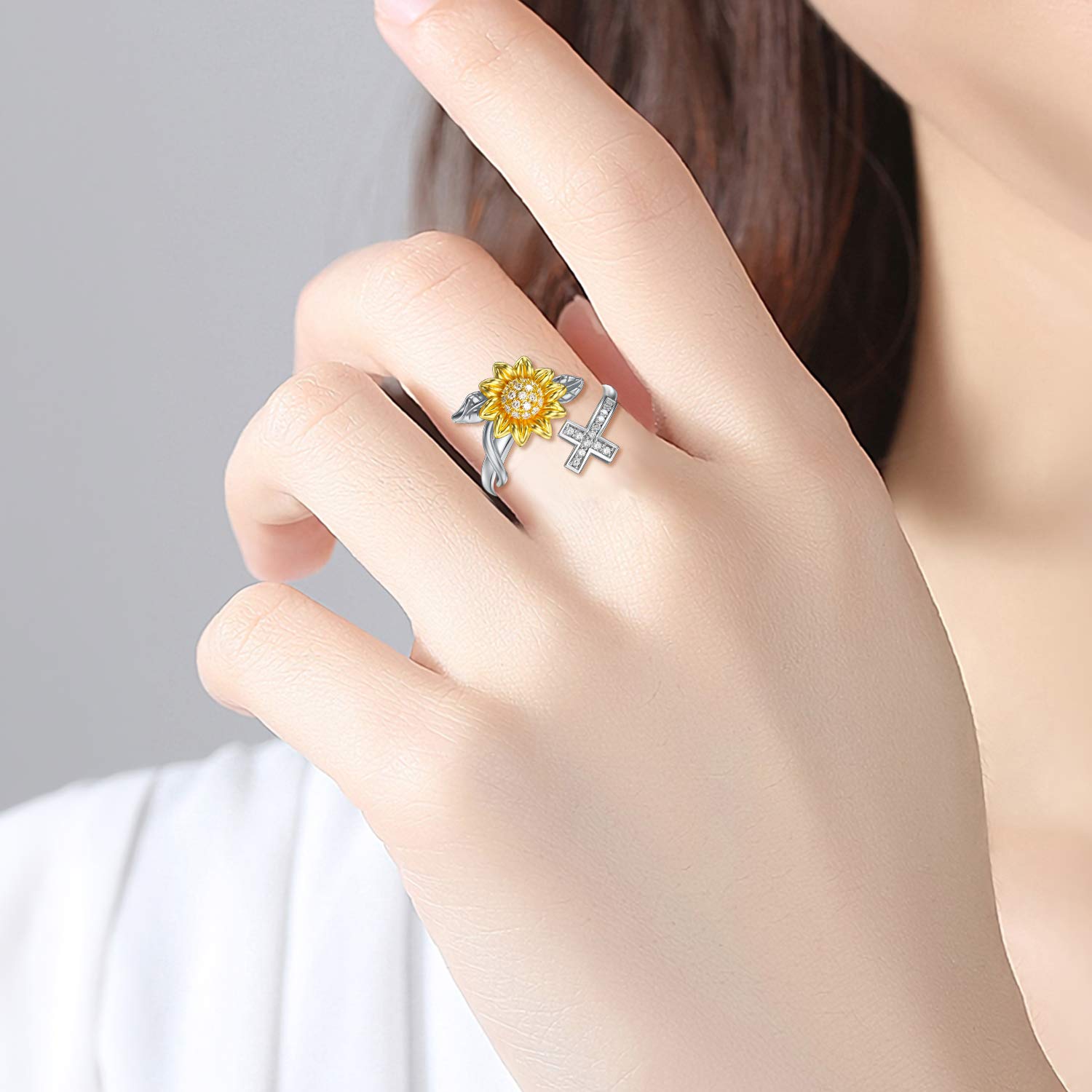 LONAGO Sunflower Cross Ring 925 Sterling Silver You Are My Sunshine Adjustable Size Ring Religious Crucifix Jewelry Gift for Women (8)