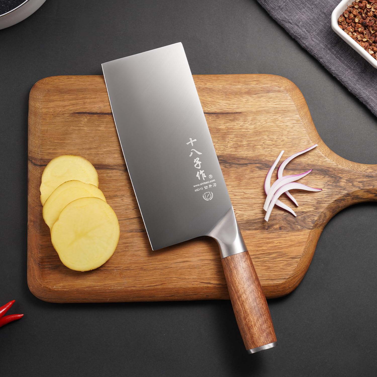 SHI BA ZI ZUO 7 Inches Stainless Steel Meat and Vegetable Cleaver Knife with Ergonomic and Sturdy Wooden Handle