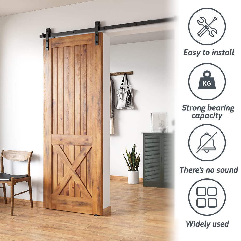 SKYSEN 6FT Sliding barn Door Hardware kit, Barn Door Track, 1/4β Thick Material- Combination Track- Smooth and Quiet- Easy to Install- Black (J Shape-5)