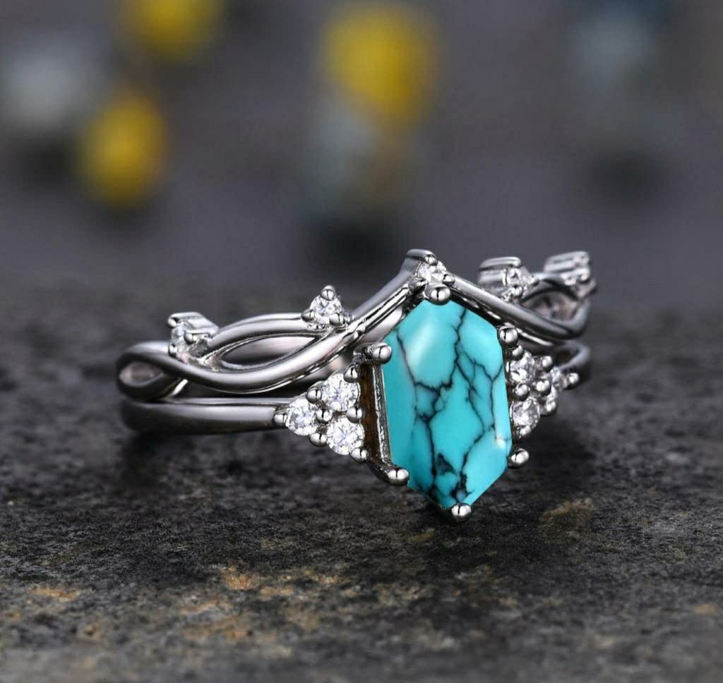 Retro Hexagon Turquoise Ring,Vintage Sterling Silver Ring Set,Unique Turquoise Engagement Ring,Promise Ring,Anniversary Ring Gift For Her (WHITE GOLD, 12)