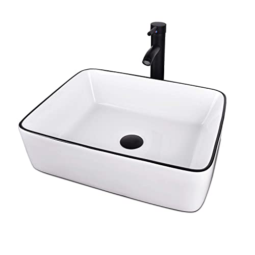 White Ceramic Bathroom Sink, 19" x 15" Above Counter Porcelain Vessel Sink with Black Faucet and Pop up drain Combo, Rectangle