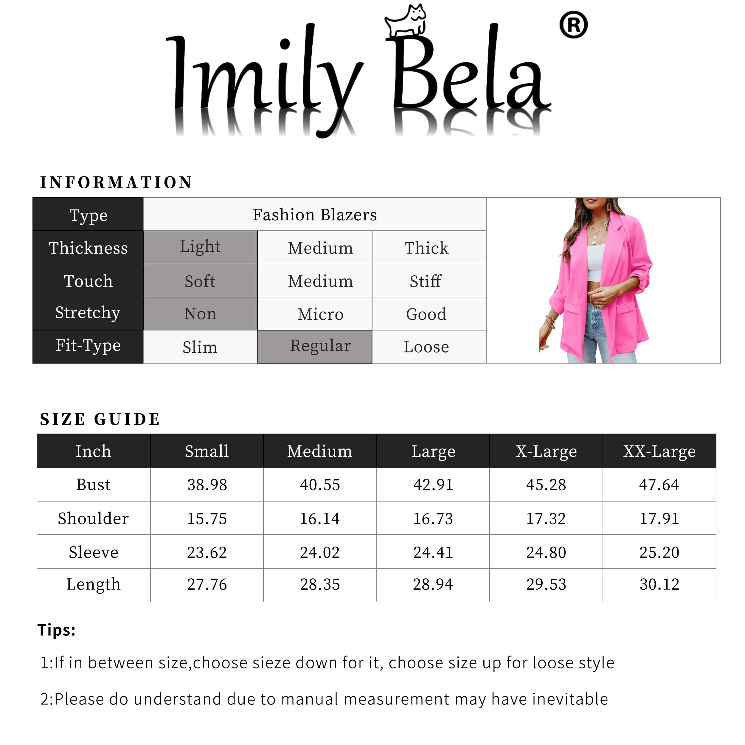 Imily Bela Womens Casual Blazers Long Sleeve Lapel Open Front Work Office Blazker Jacket with Pockets