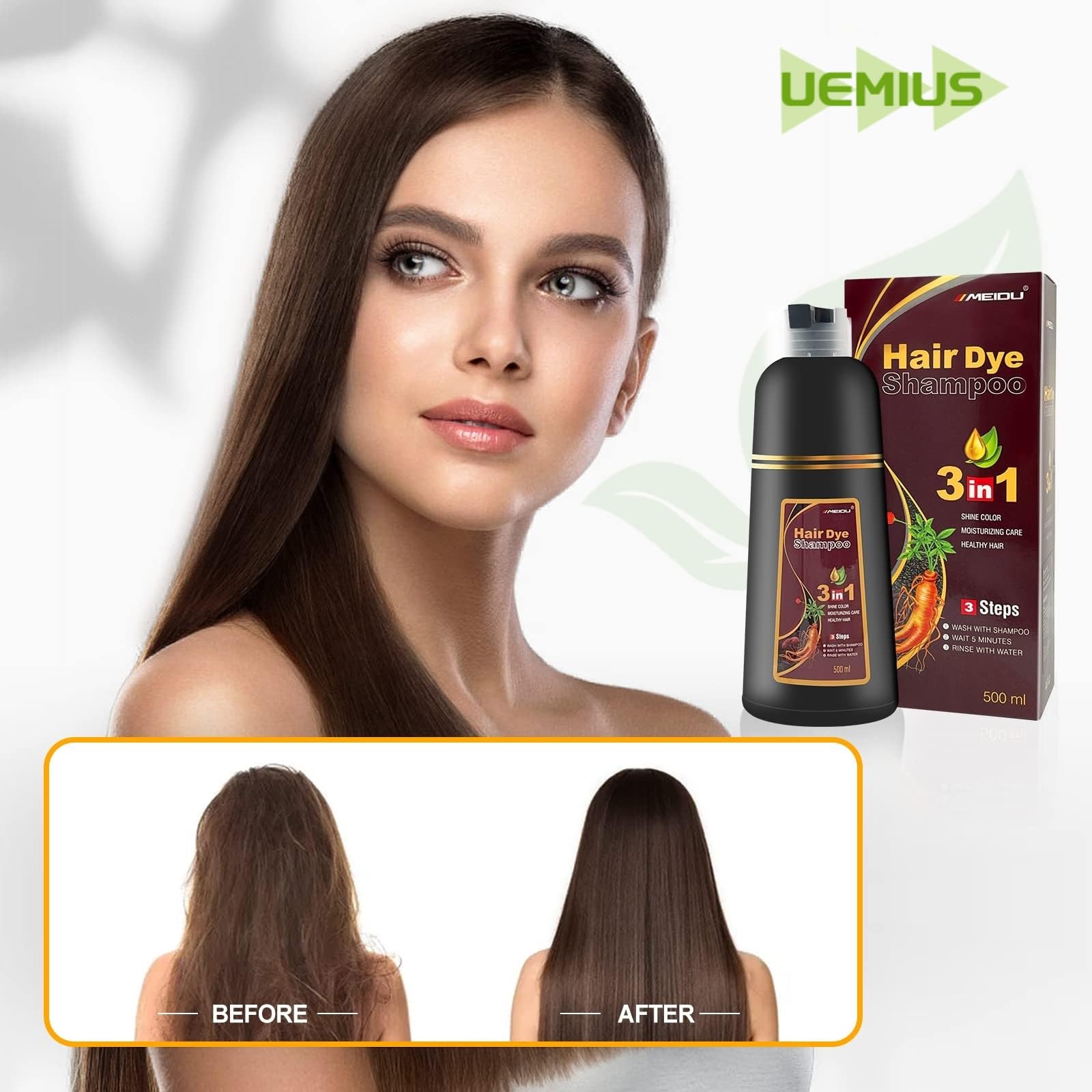 UEMIUS Hair Dye Shampoo Instant 3 in 1 Easy Shampoo for Women & Men (100% Herbal Natural Ingredients) Grey Hair Coverage Coffee(500mL,17.6 Fl Oz)