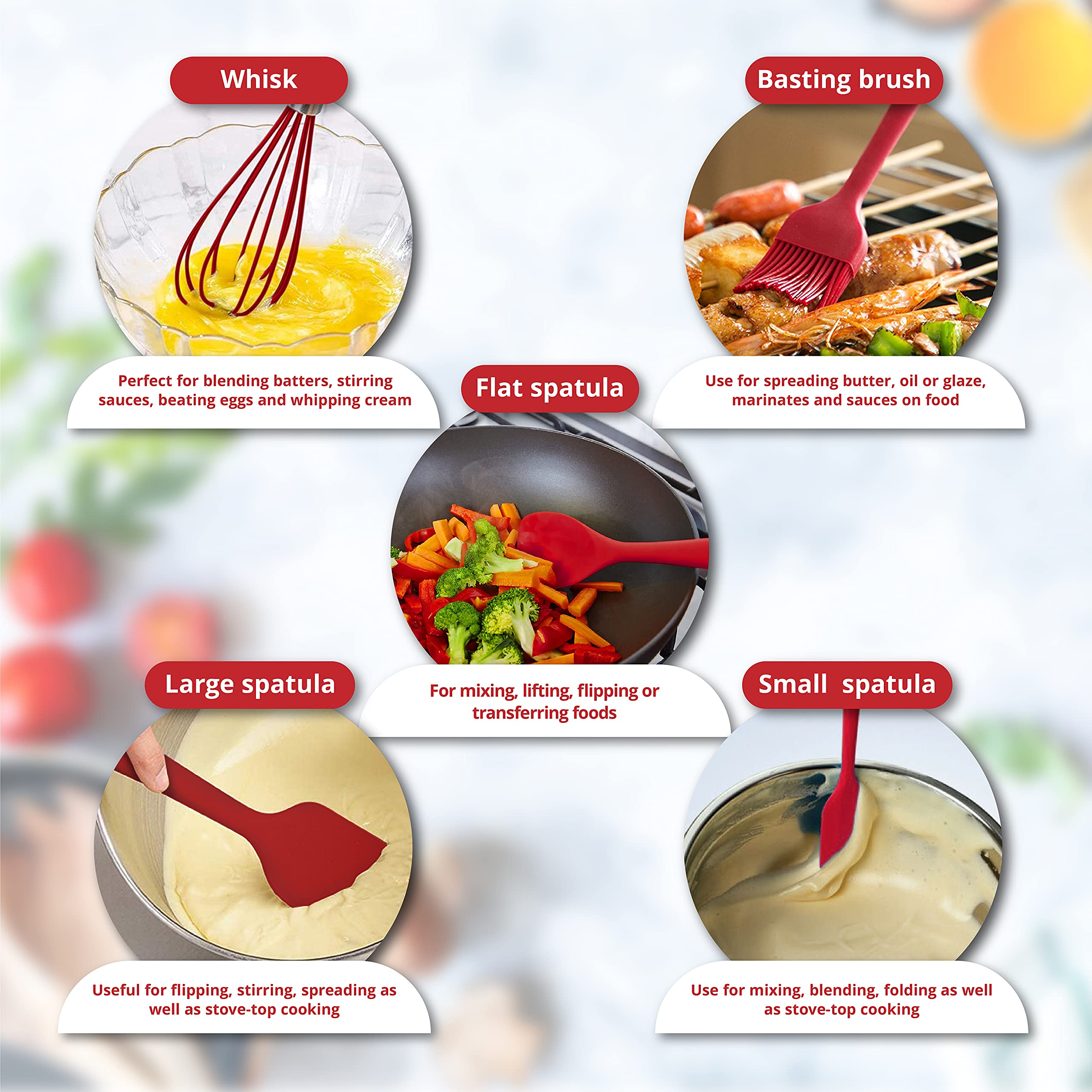 K & G Silicone Cooking Utensils Set 11 pcs red kitchen utensils set with holder, spatula, whisk, tongs, soup ladle, silicone spoon & more. Non-stick, dishwasher safe, odorless, cookware set friendly