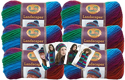 Lion Brand Landscapes Yarn - 6 Pack with Pattern Cards in Color (Apple Orchard), red, burgundy, blue, brown, and green