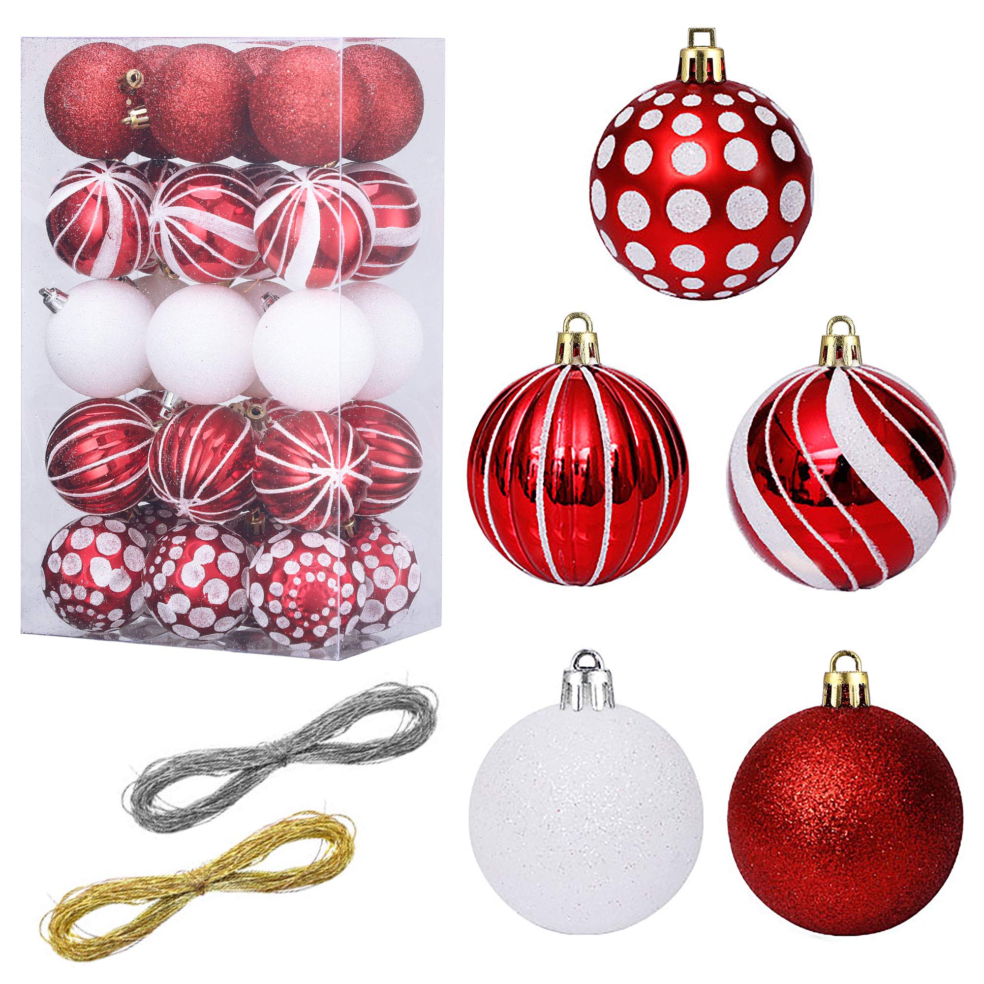 LessMo 30Pcs Red Green White Christmas Balls Ornaments for Christmas Tree, 6cm/2.37" Shatterproof Plastic Hanging Decorations Balls Baubles Set for Holiday Wedding Party Decor