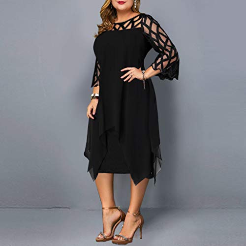 Pinkpaopao Plus Size Mesh Chiffon Dress for Women Flared 3/4 Sleeve Patchwork Loose Shift Layered Dress Solid Midi Dress Black