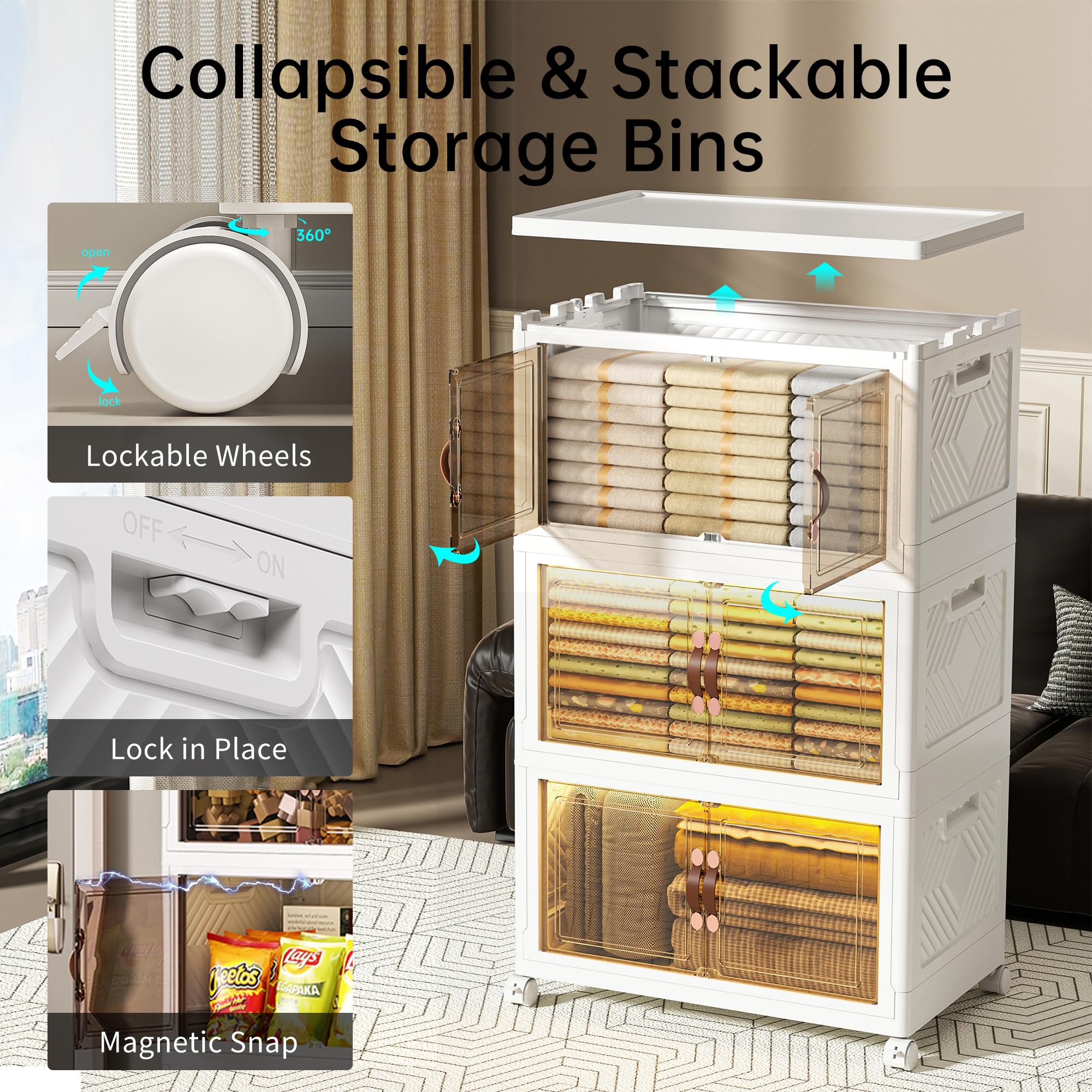 UFORU 20gal/80QT Stackable Plastic Storage Bins with Wheels, 4 Packs Folding Storage Organizer Open Front with Doors, Collapsible Closet with Lids for Home Office