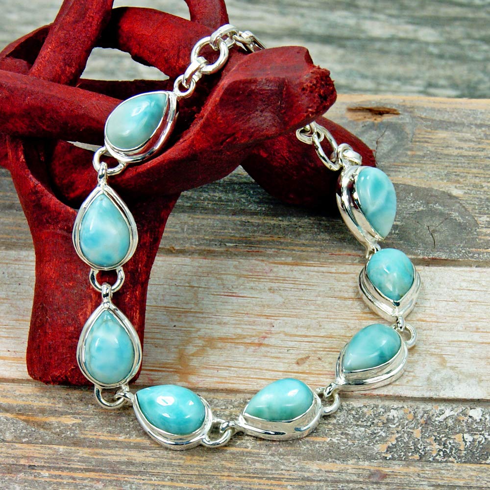 Larimar Bracelet Sterling Silver & Genuine Dominican Larimar Bracelet, Adjustable From 7"-7.75"