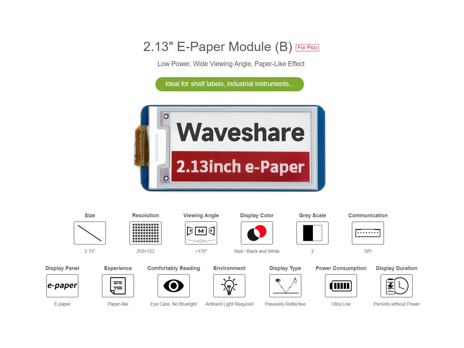 waveshare 2.13inch e-Paper Compatible with Raspberry Pi Pico Red/Black/White Three-Color Display