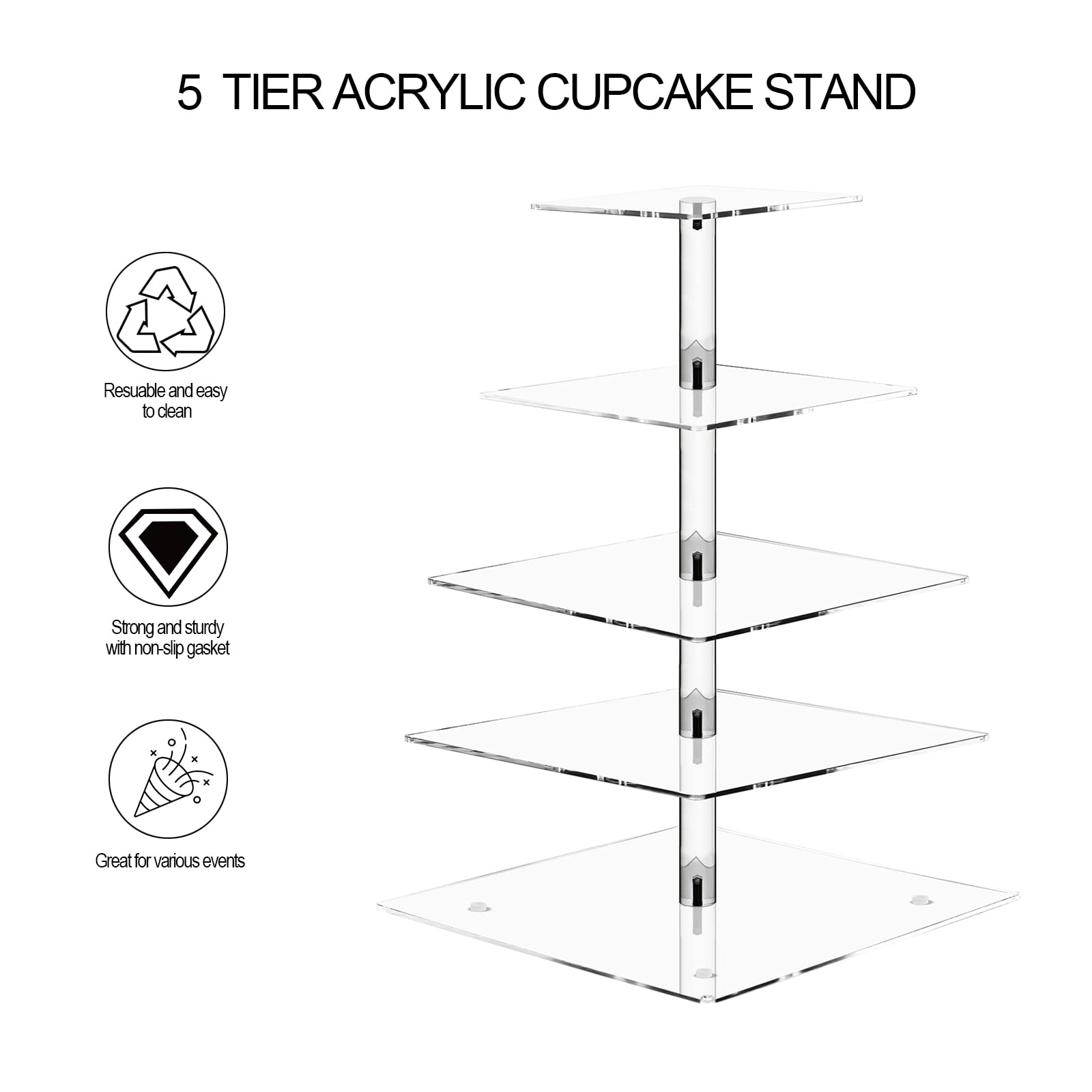 Kimdee 5 Tier Square Cupcake Stand Acrylic Cupcake Tower Display with Colorful LED Light