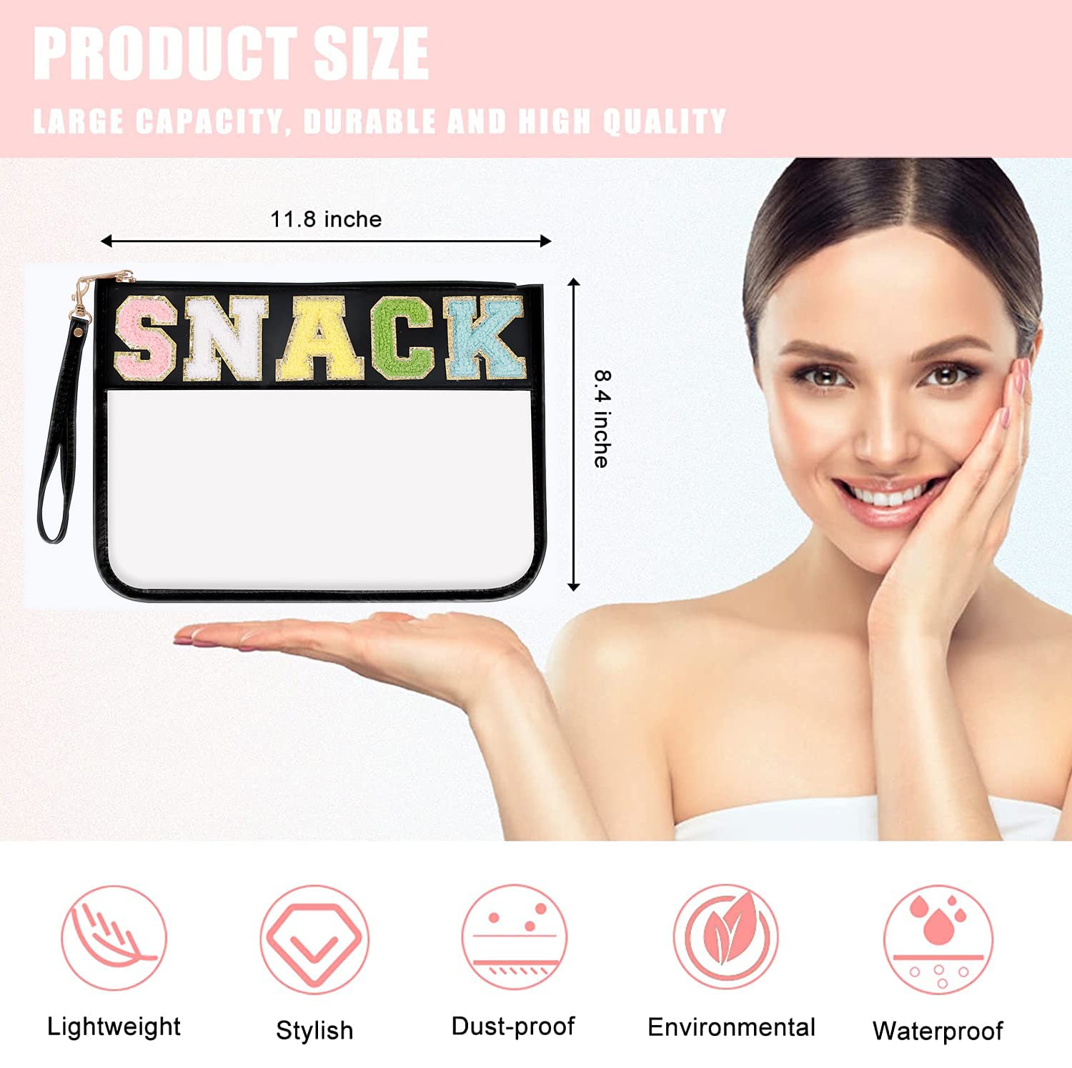 Snacks Bag, Clear PVC Bag for Multi-purpose Use, Waterproof and Dust-proof Monogram Portable Glitter Flat Pouch with Zipper and Wrist Strap for Women (Letter Snack)